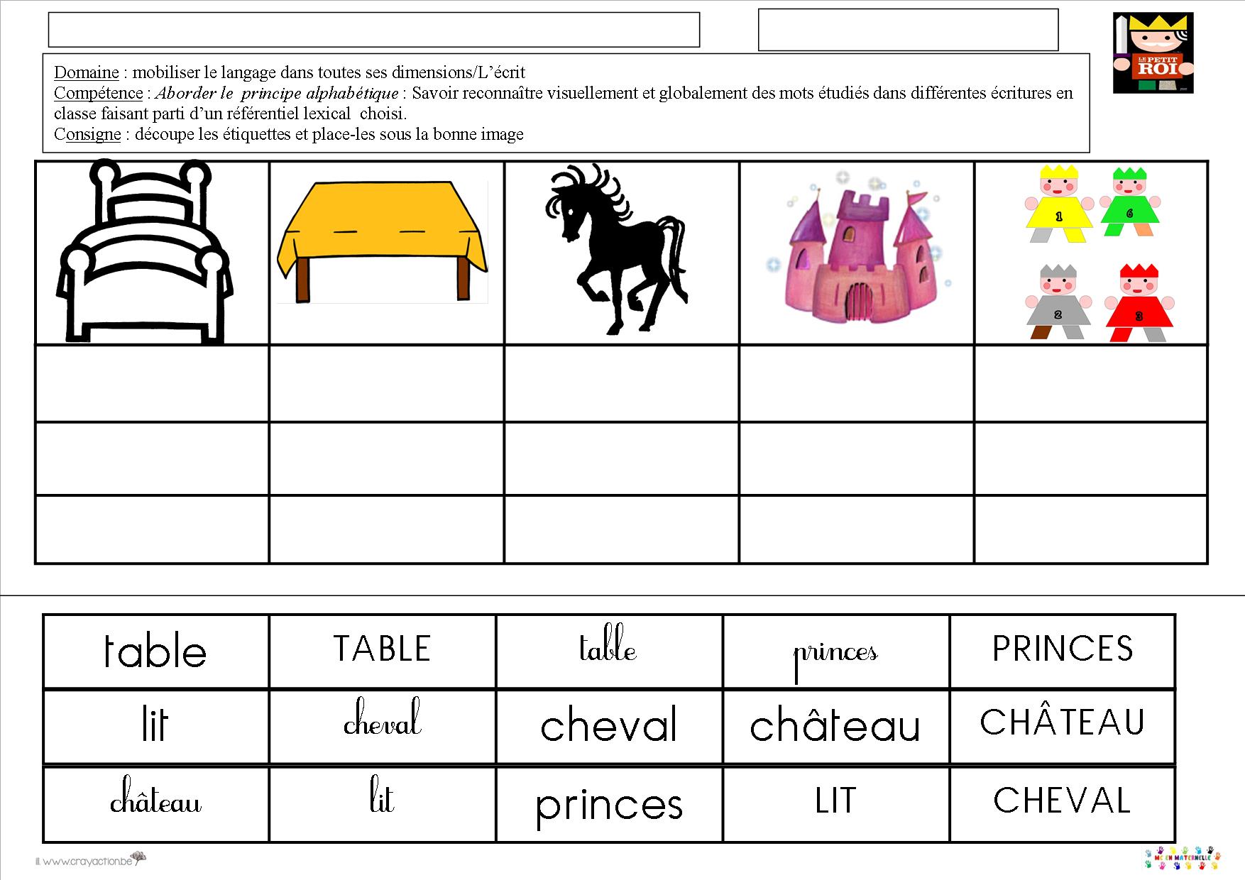 le tout petit roi : associer chaque image à son étiquette mot dans les ...