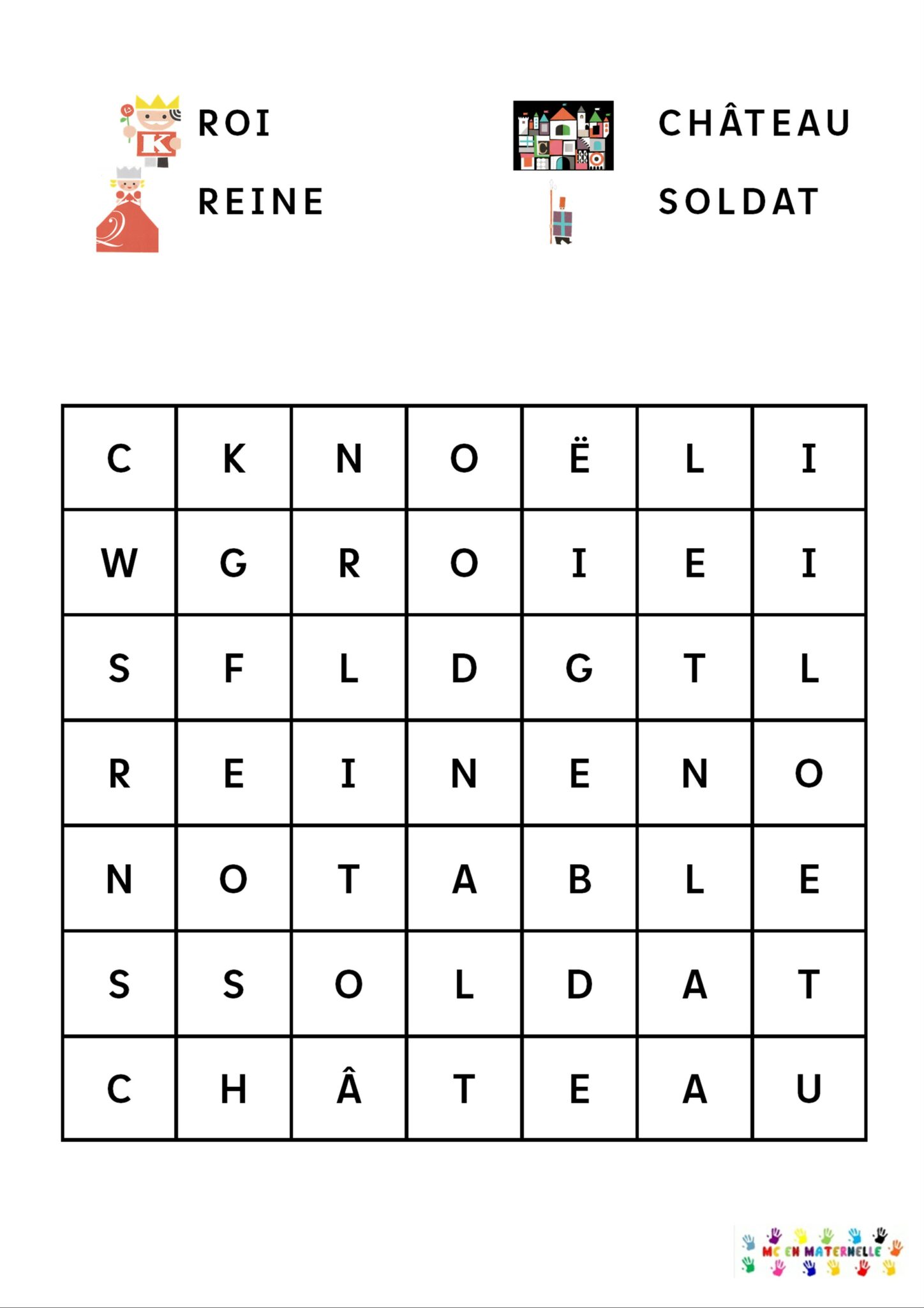 Le tout petit roi : mots cachés – MC en maternelle