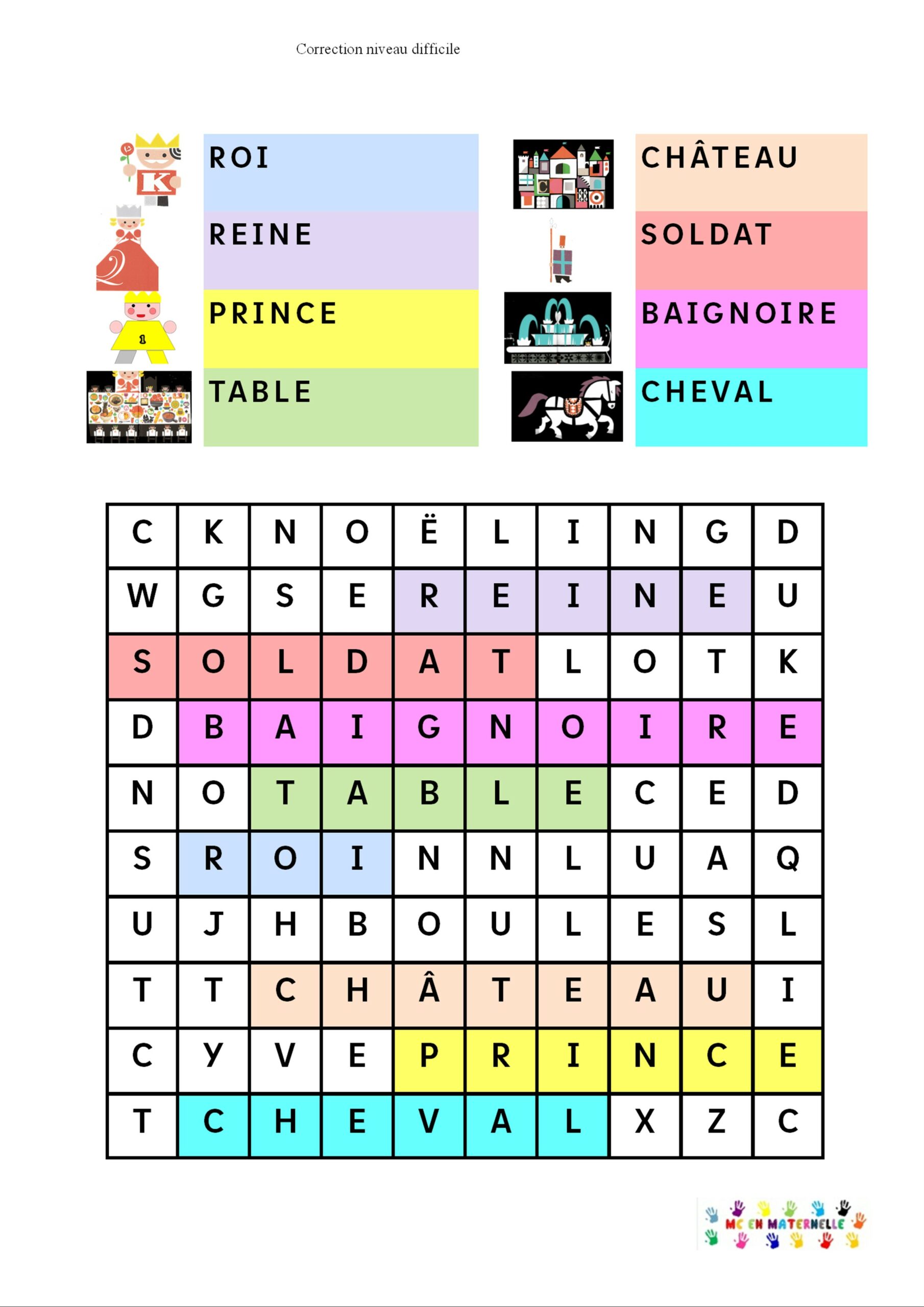 Le tout petit roi : mots cachés – MC en maternelle
