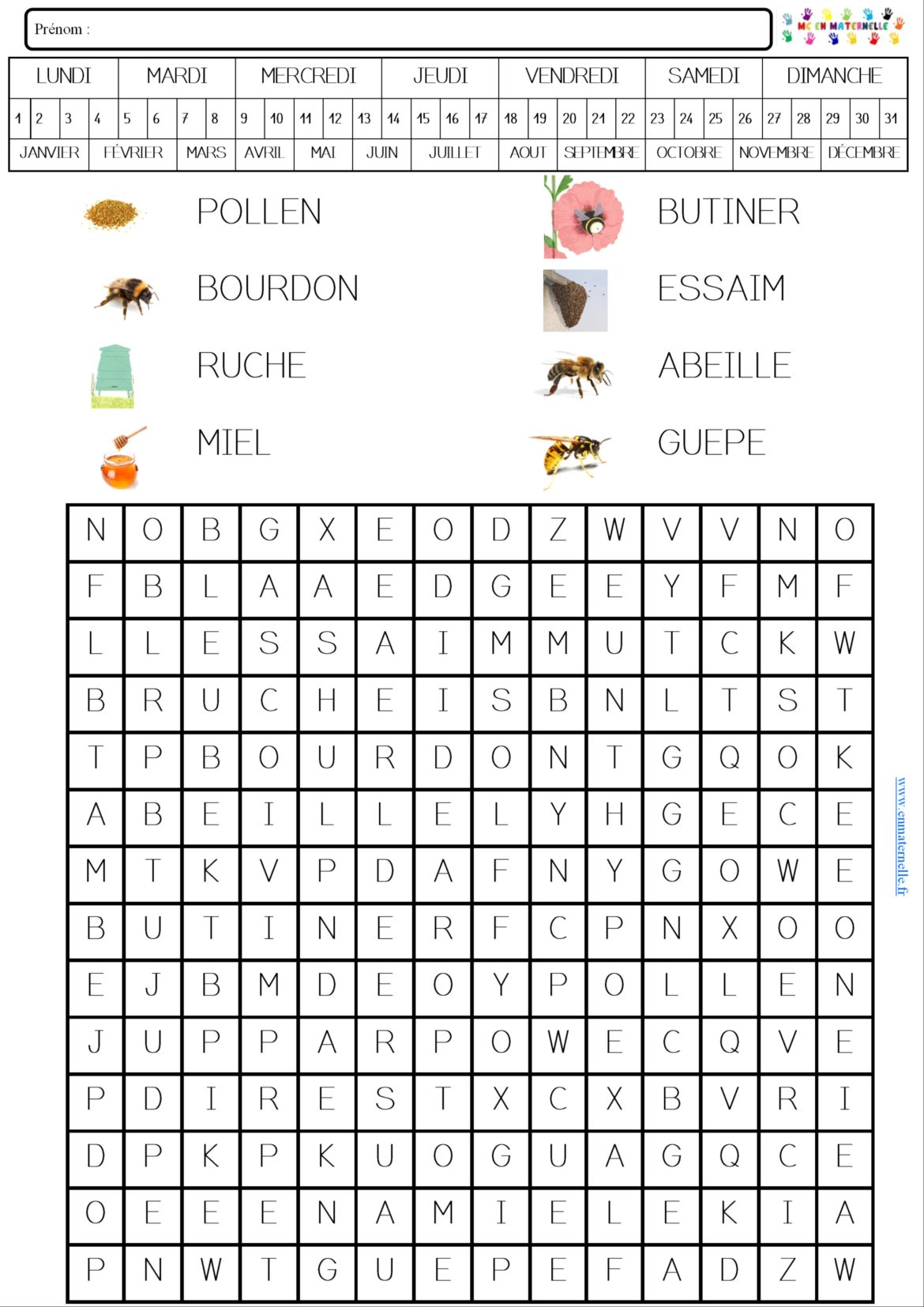 les abeilles : mots cachés – MC en maternelle