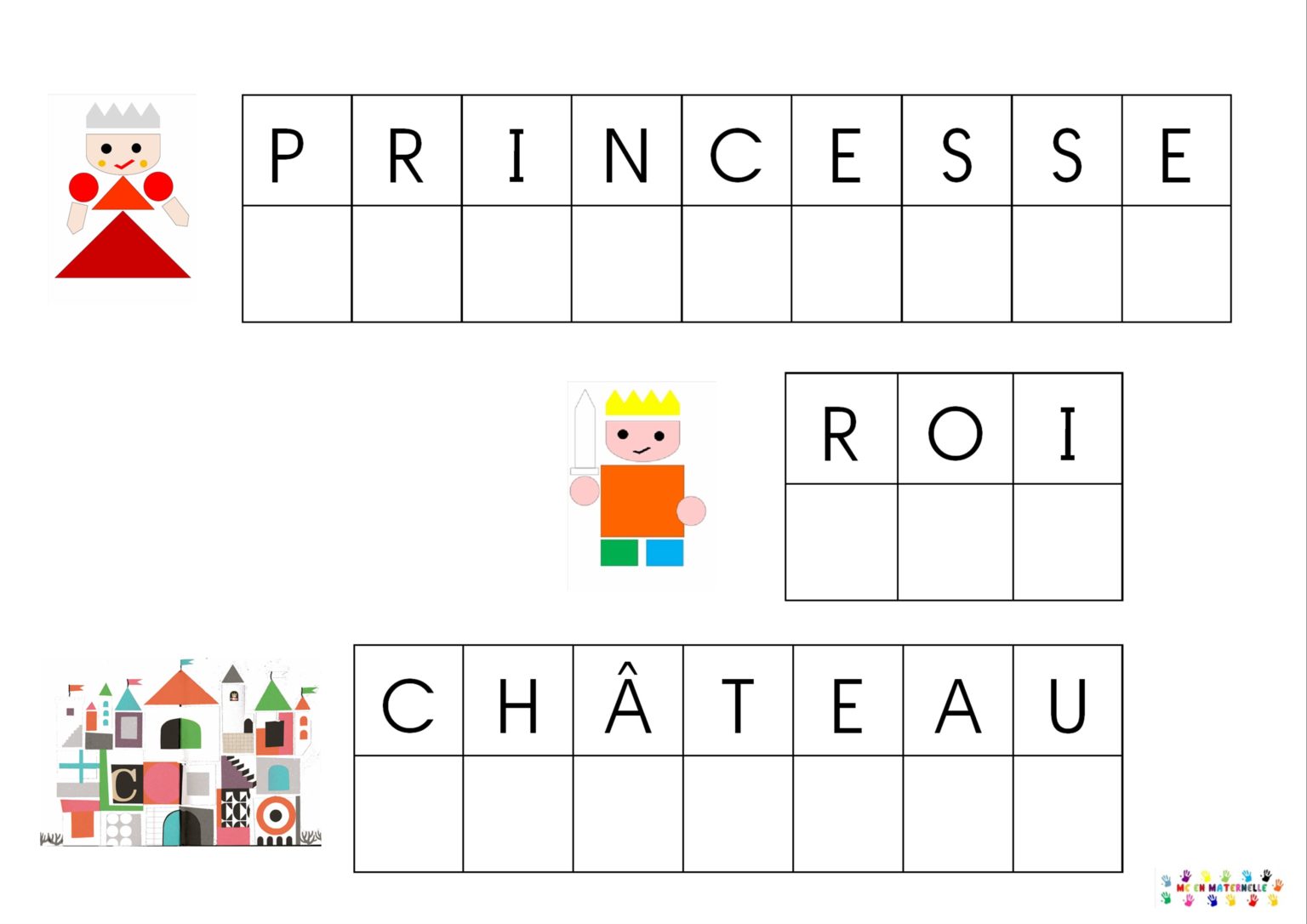 Le tout petit roi : reconstituer les mots « roi, princesse, château ...